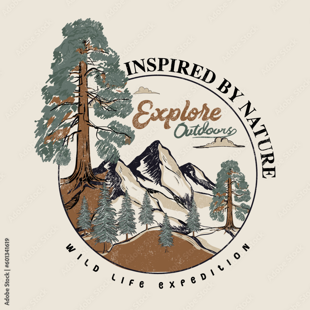 Nature inspired vector mountain with forest tree and explore outdoors ...