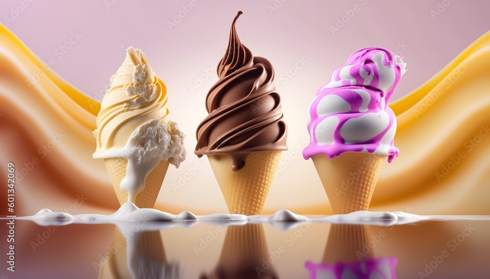 Advertising banner with different flavored ice cream cones on abstract ...