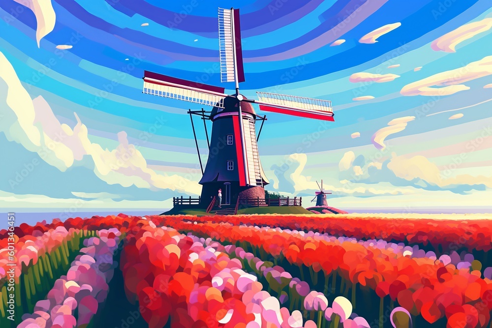 A vibrant digital illustration capturing the essence of the Netherlands ...