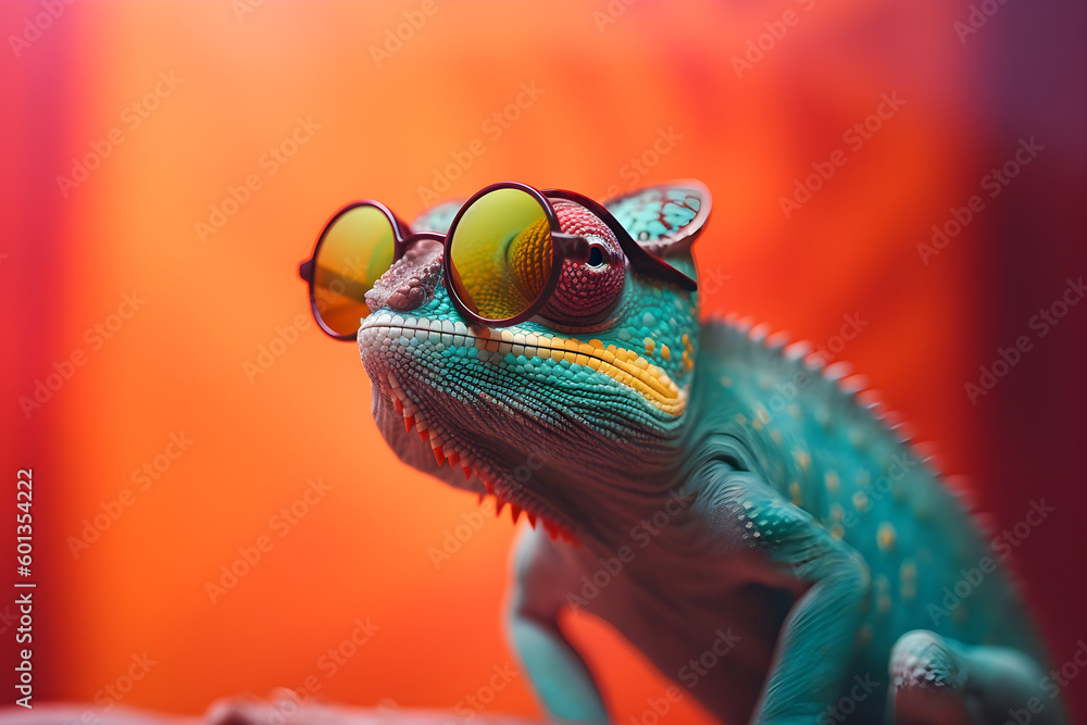 Funny chameleon wearing sunglasses in studio with a colorful and bright ...