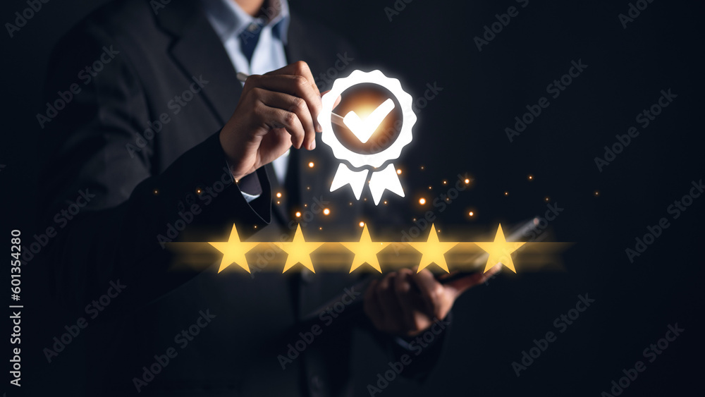 Man pointing at five stars icons, representing positive customer ...