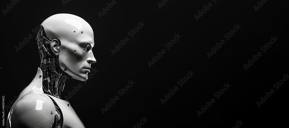 Black and white photorealistic studio portrait of a humanoid cyborg ...