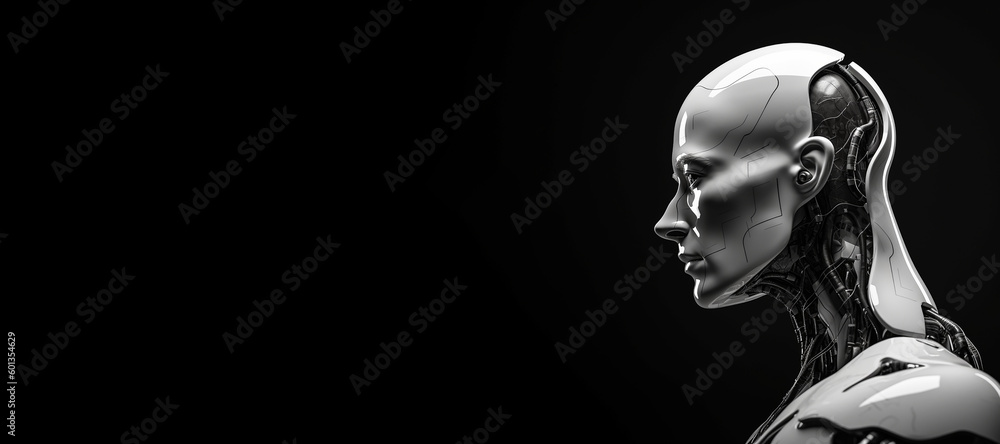 Black and white photorealistic studio portrait of a humanoid cyborg ...