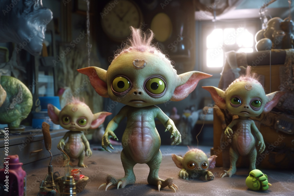 A scene from an alien monster kindergarten. A group of colorful baby ...