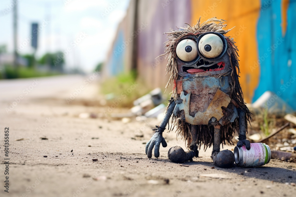 Cute and sad alien monster lost on the street of a big city. Paled ...