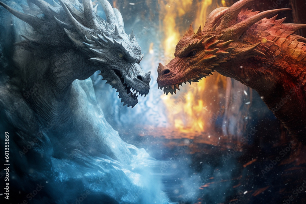 Two huge dragons ice and fire fighting in the underground cave. Dancing ...
