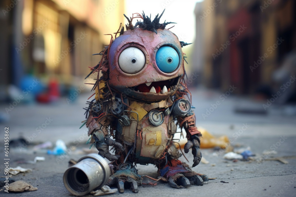 Cute and sad alien monster lost on the street of a big city. Paled ...
