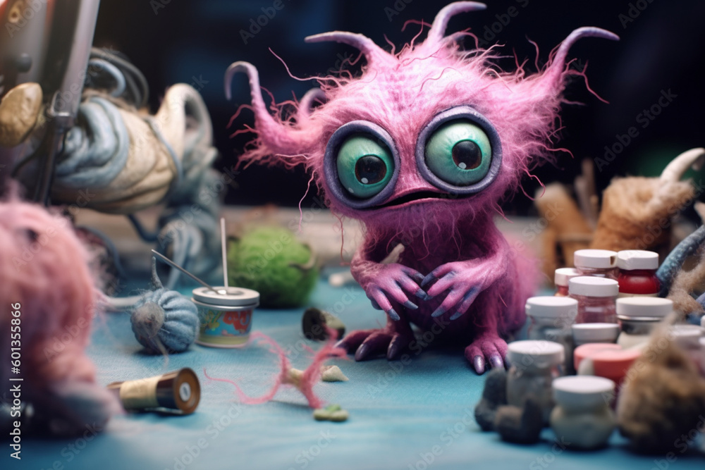 Cute little baby alien monsters working and crafting. Colorful monster ...