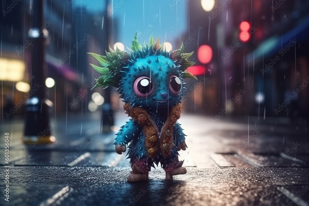 Cute and sad alien monster lost on the street of a big city. Paled ...
