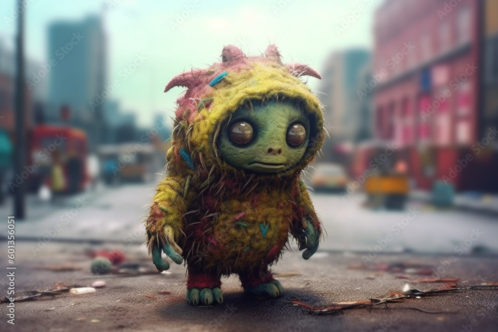 Cute and sad alien monster lost on the street of a big city. Paled ...
