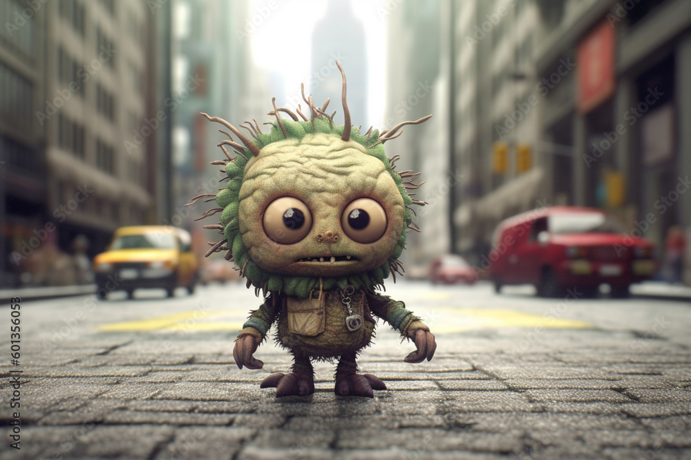 Cute and sad alien monster lost on the street of a big city. Paled ...