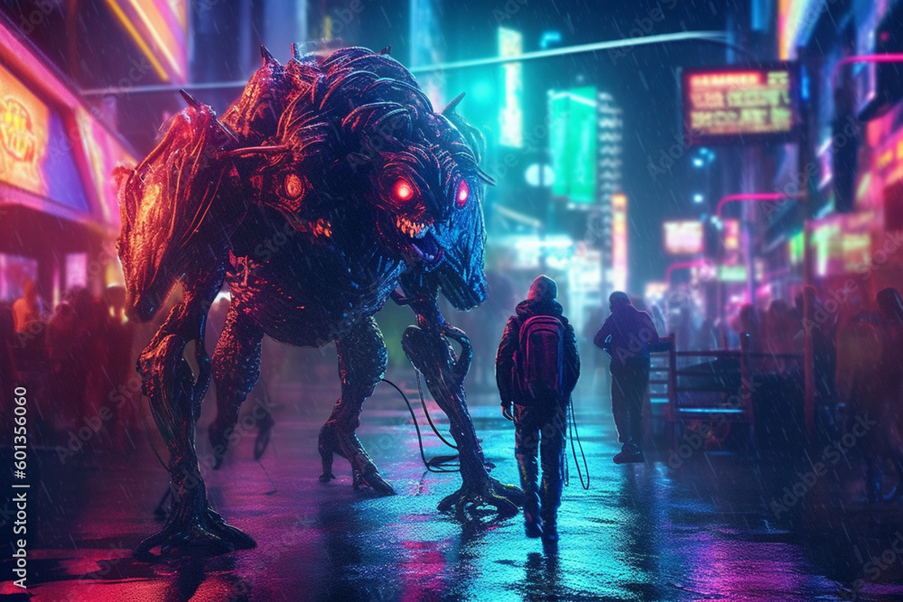 Huge scary alien nightmare monster creating lightning in the city ...