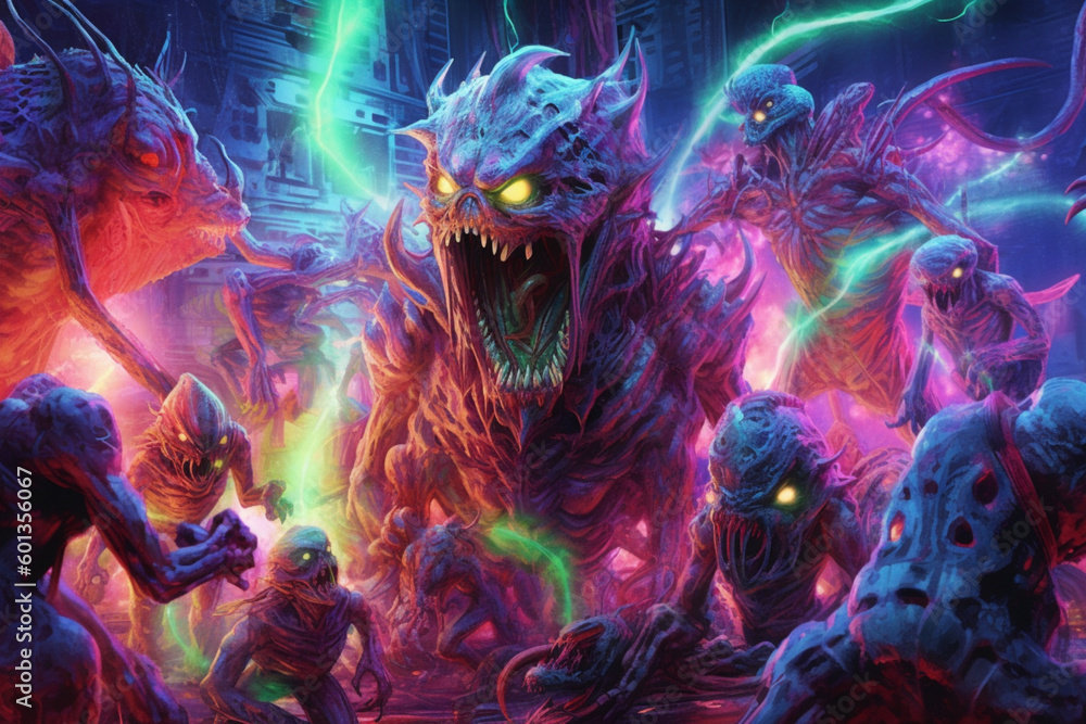 Huge scary alien nightmare monster creating lightning in the city ...