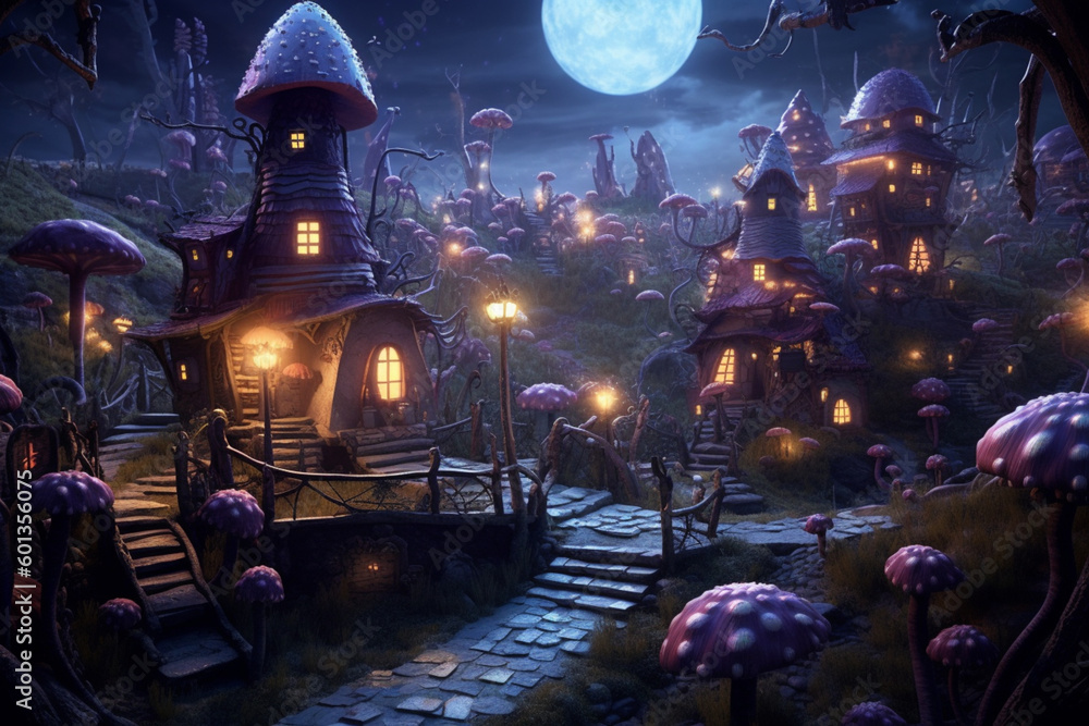 Fantasy fairytale alien monster village at night. Colorful monster ...