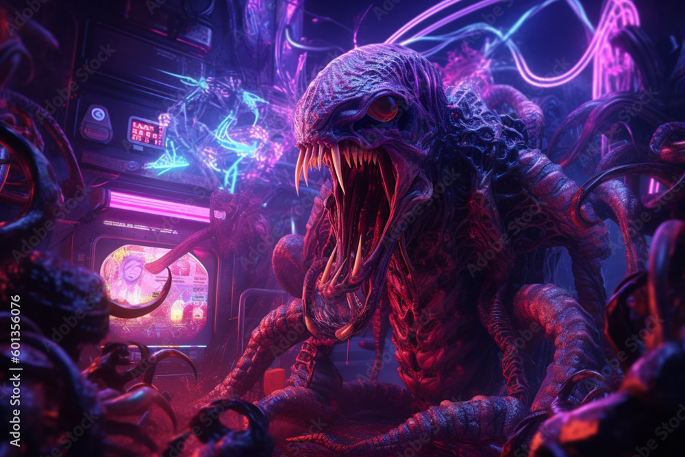 Huge scary alien nightmare monster creating lightning in the city ...