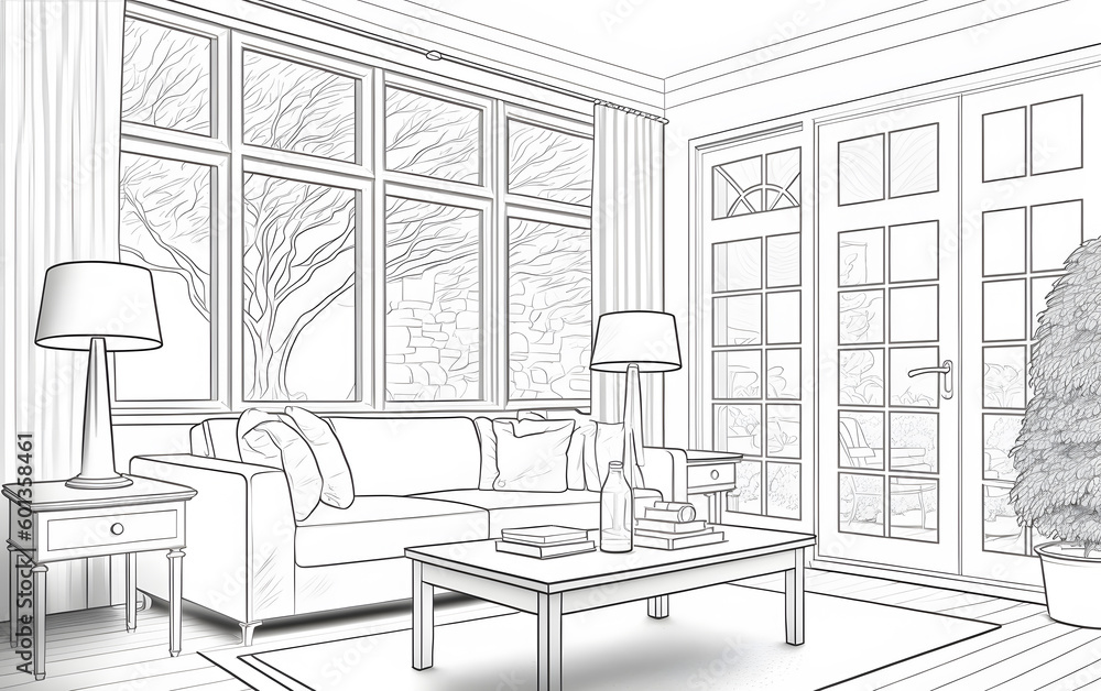 Coloring page - Room interior created with Generative AI technology ...