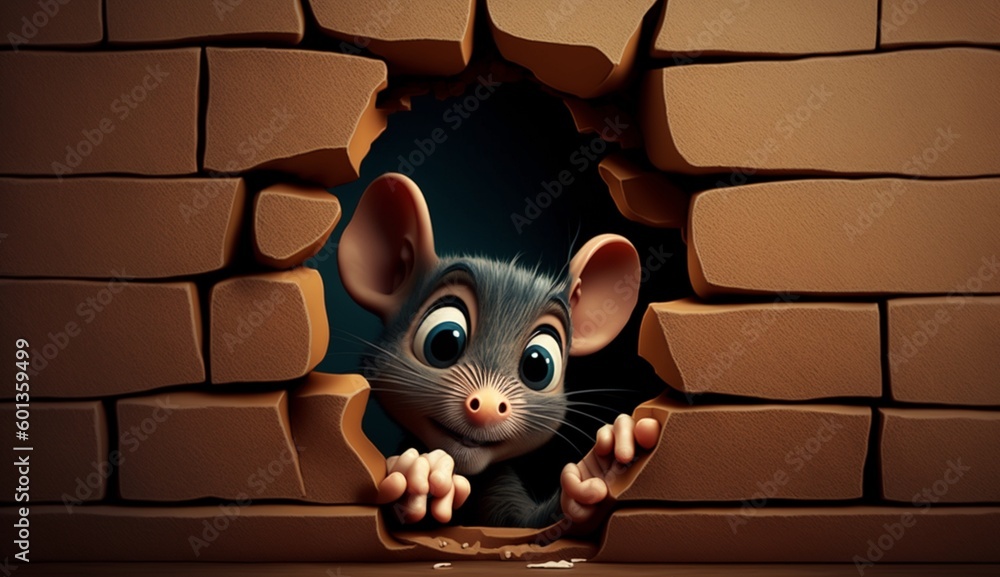 Cute Cartoon Mouse Peeking out of a Hole in the Wall. Generative AI ...