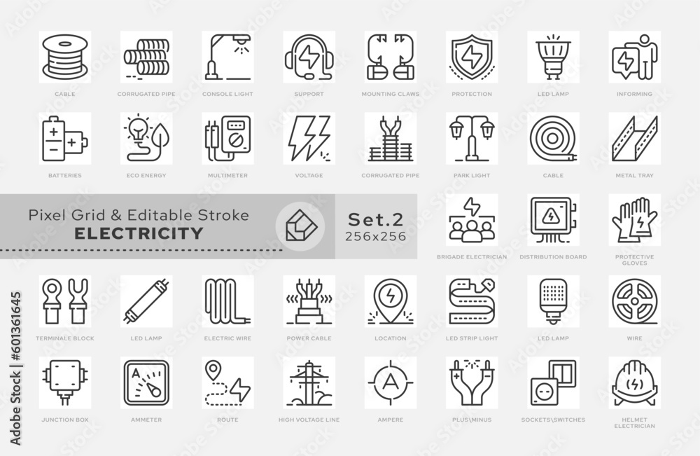 Outline icons set. Concept - Power grids and electricity. Vector. Pixel ...