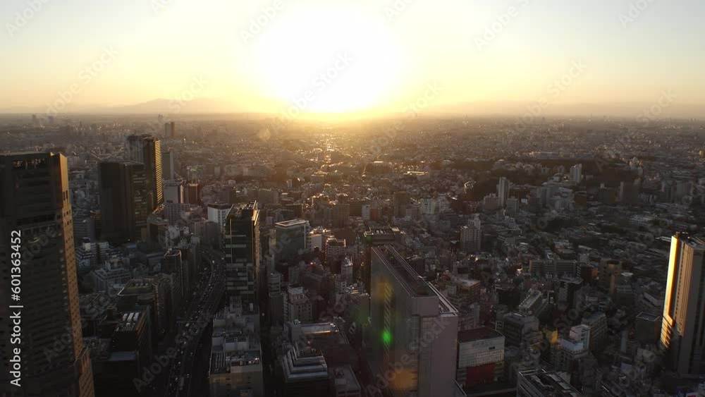 TOKYO, JAPAN : Aerial sunset CITYSCAPE of TOKYO and MOUNT FUJI. View of ...