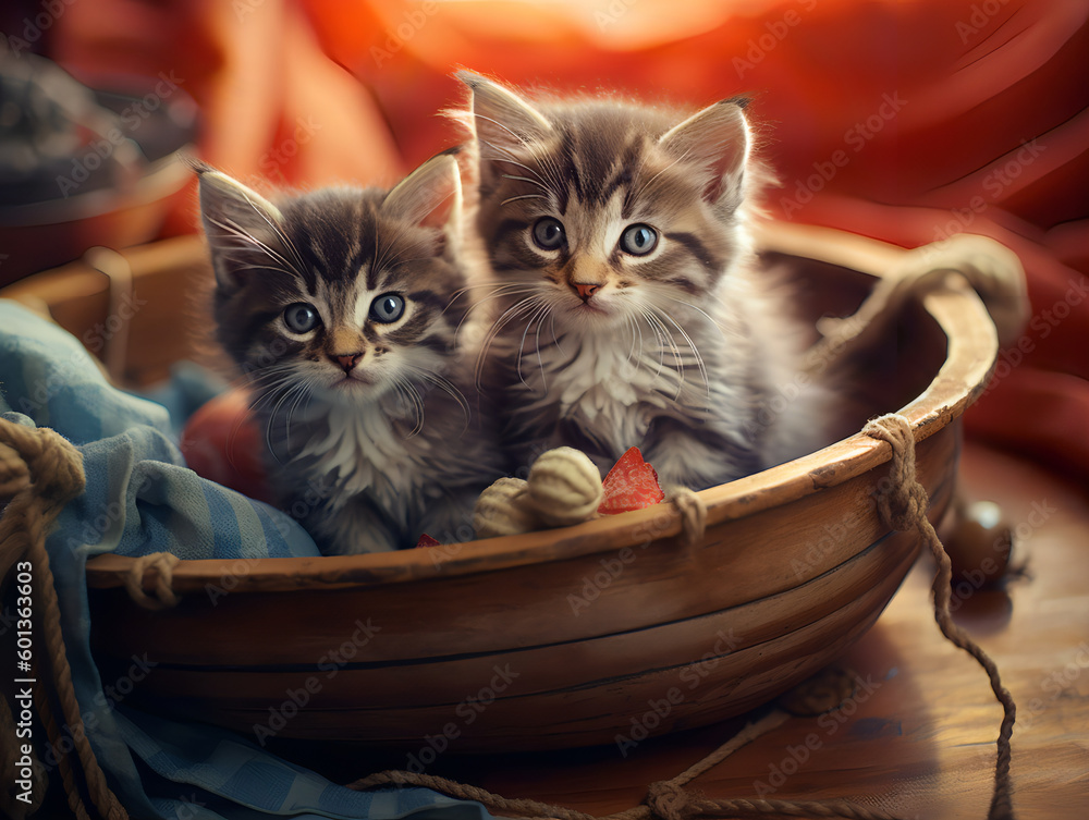 kittens in a miniature boat, playfully embarking on an imaginary ...