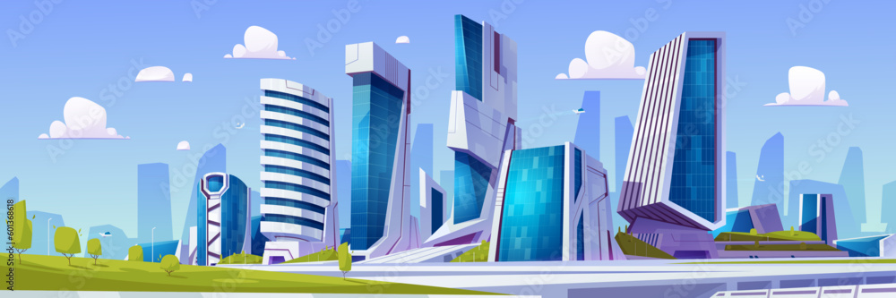 Cartoon futuristic city with green park. Vector illustration of modern ...