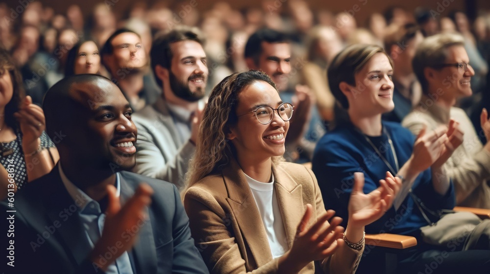 Multi - ethnic audience sitting in an amphitheater and applauding ...