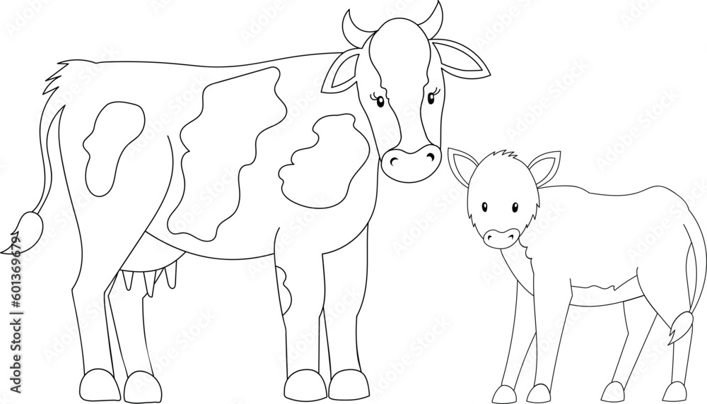 Mother and baby cow.. Coloring page for kids. Cartoon illustration for ...