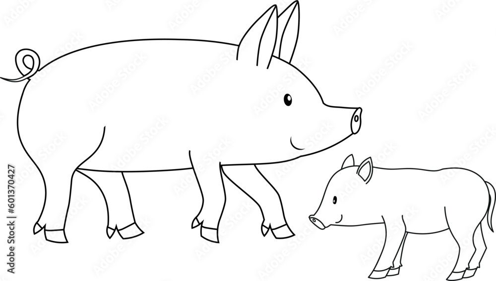 Mother and baby pig. Coloring page for kids. Cartoon illustration for ...