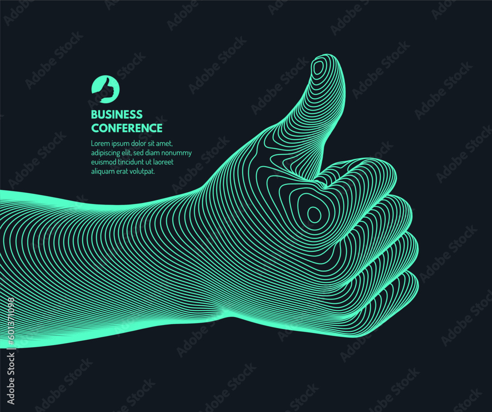 Business event invitation template. Thumbs up symbol. Hand show like or ...
