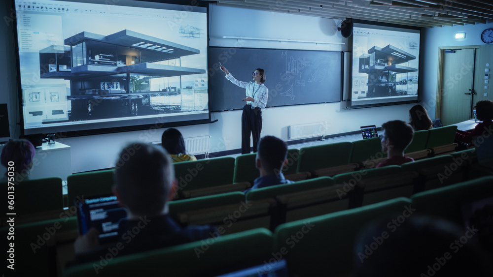 Young University Professor Explaining an Interior Design Styles Lecture ...