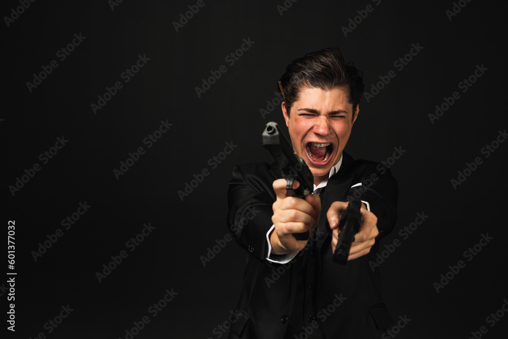 Crazy, insanely screaming Young mafia member with a slicked back hair ...