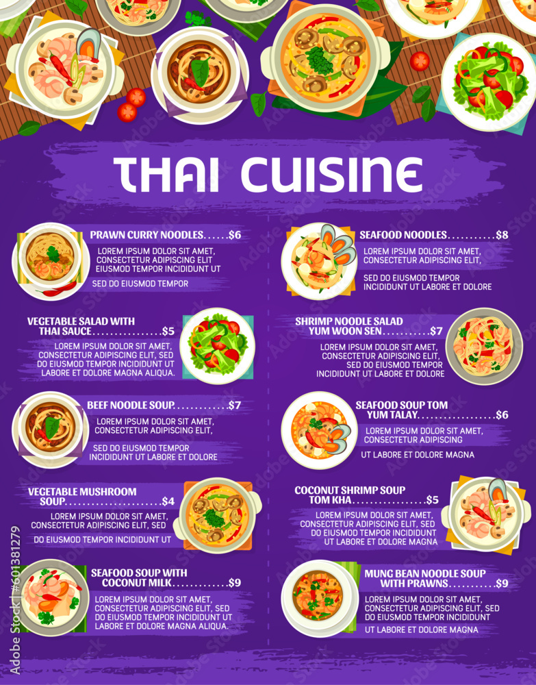 Thai cuisine menu, Thailand dishes, noodles and soups, vector Asian ...