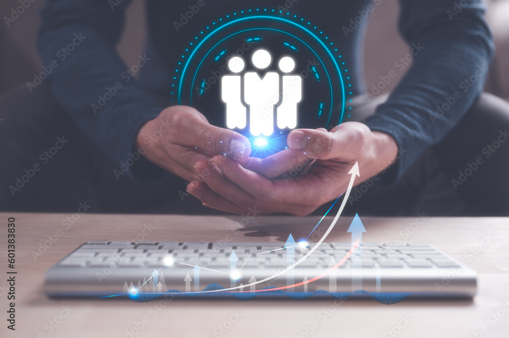 the concept of teamwork power, HR management, recruiting, man holding ...