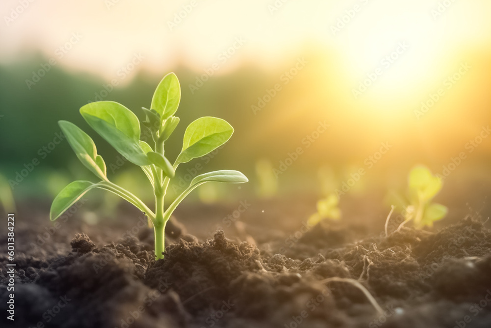 Small tree growing with sunrise. Natural green background. Growing ...