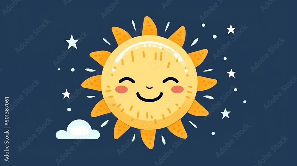 Cute little sun cartoon character with kawaii face. Scandinavian style ...