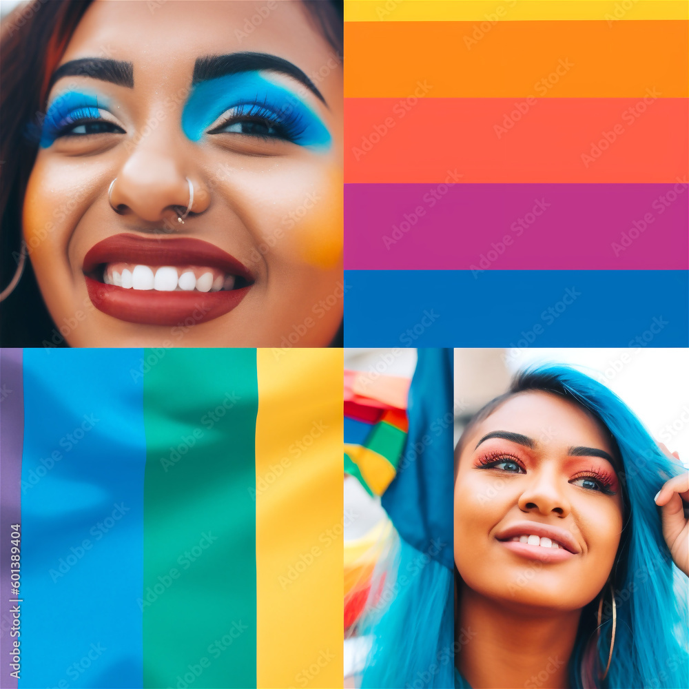 Collage with beautiful girl and Symbols of the LGBT movement. Bright ...