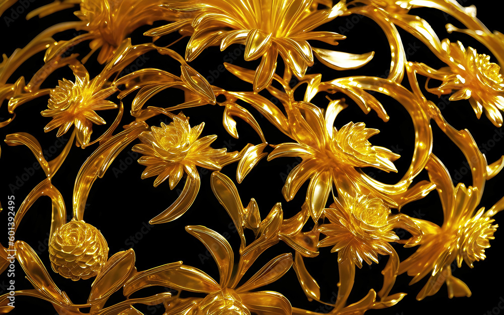 Abstract gold background, fantastic golden metal flowers and floral ...