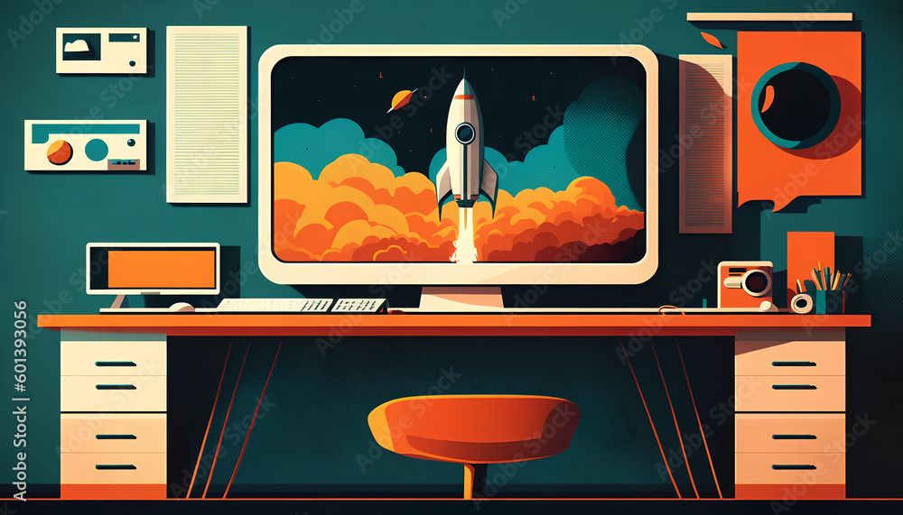 Rocket Office Desk Worker blast off marketing and sales graphics ...