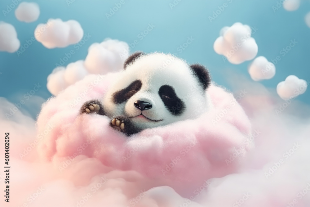 Lindo oso panda de peluche de dibujos animados, durmiendo en una nube ...