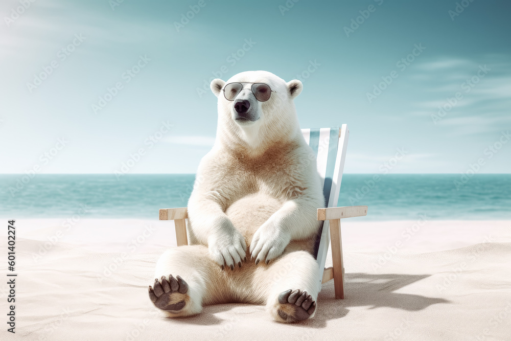 Oso polar sentado en una silla en la playa.Ilustracion de IA generativa ...