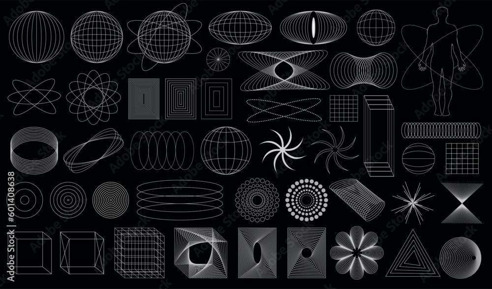 Retro futurism. White trip elements on the black background. Acid rave ...