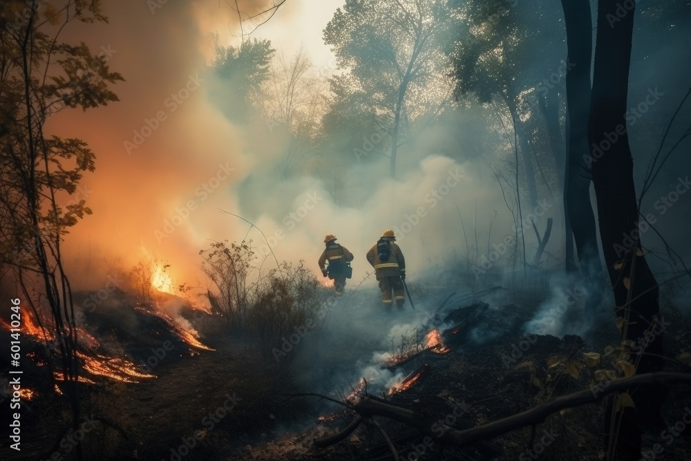 A huge wildfire in a forest with dense smoke and flames. Dangerous ...