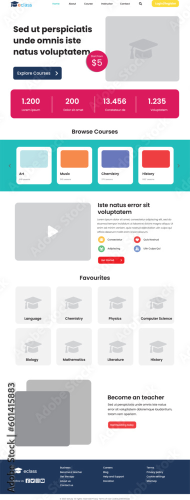 School Website Design Wireframe layout frontpage. UI set contain header ...