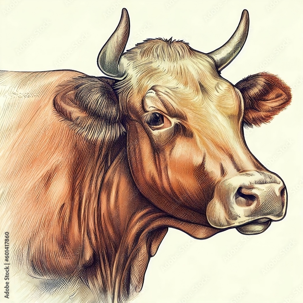 portrait of a cow pencil drawing isolated on white background ...