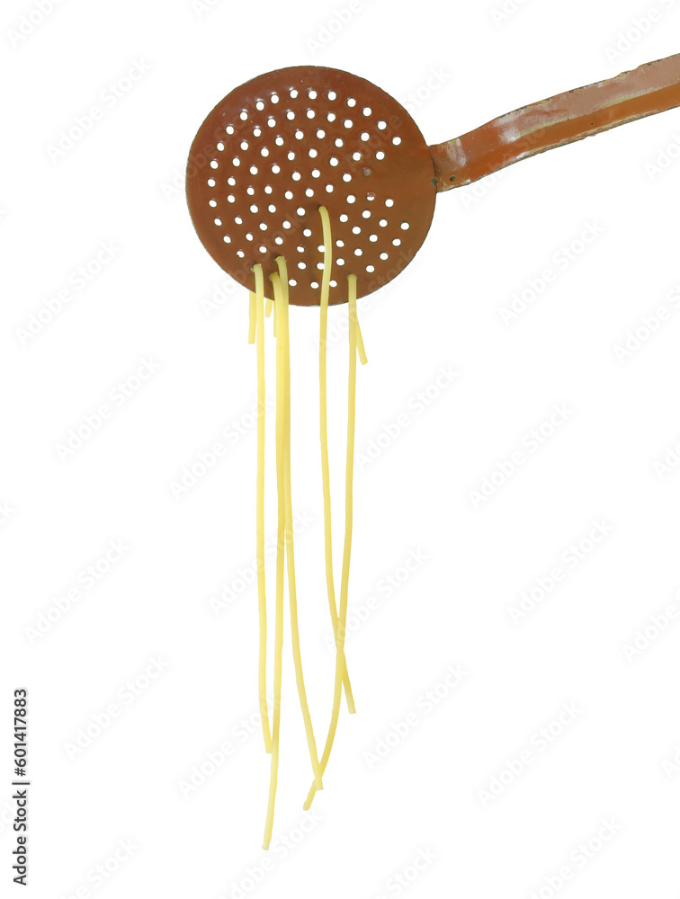 spaghetti hanging from a vintage enamel kitchen untensil, italian food ...