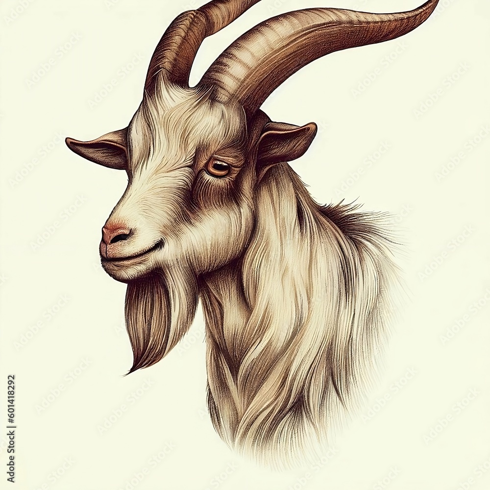 horned goat portrait pencil drawing isolated on white background ...