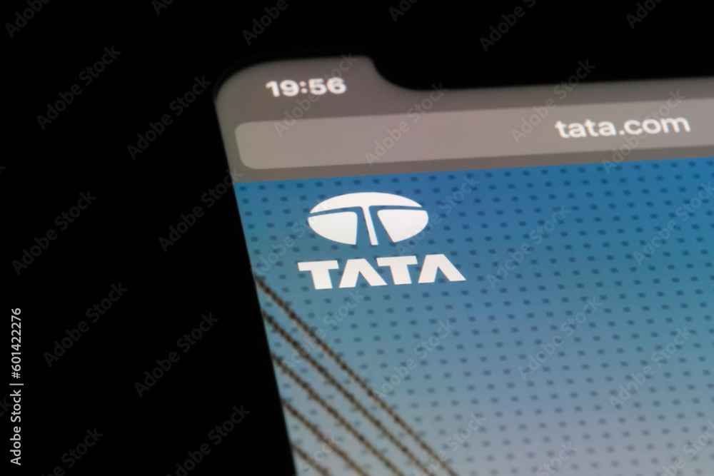 Shanghai,China-May 11th 2023: close up Tata Group company brand logo on ...