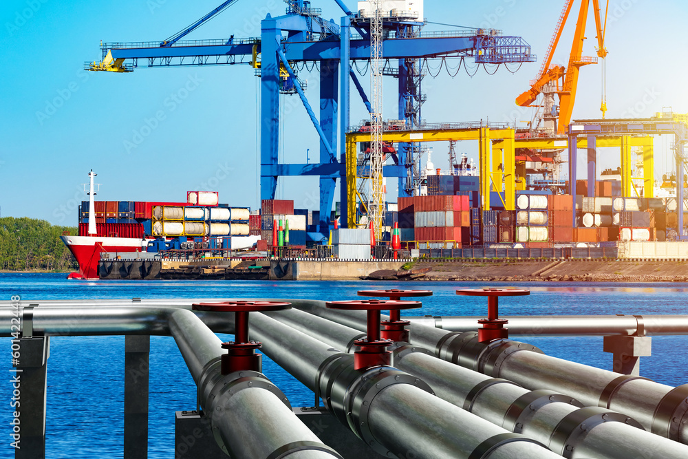 LPG terminal. Pipes in port. Sea harbor with ship. Place to refuel ...