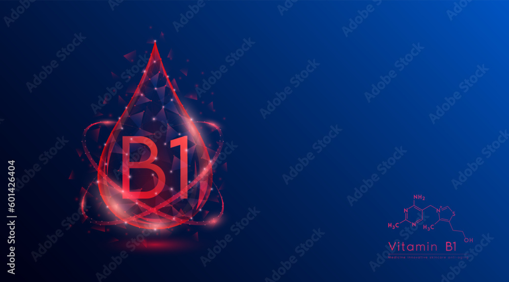 Vitamin B1 drop red low poly and structure chemical formula. Medicine ...
