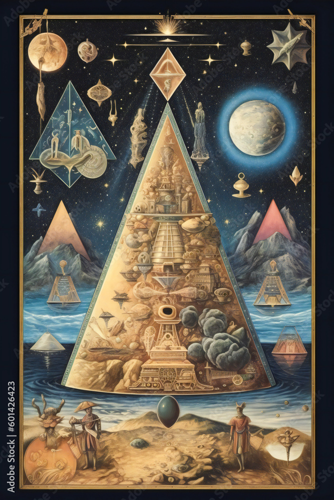Book cover, background or illustration of a stylized pyramid surrounded ...